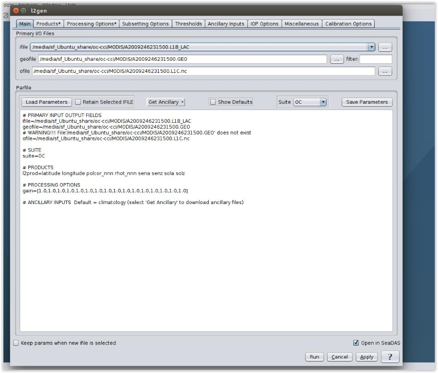 Configure l2gen via the GUI